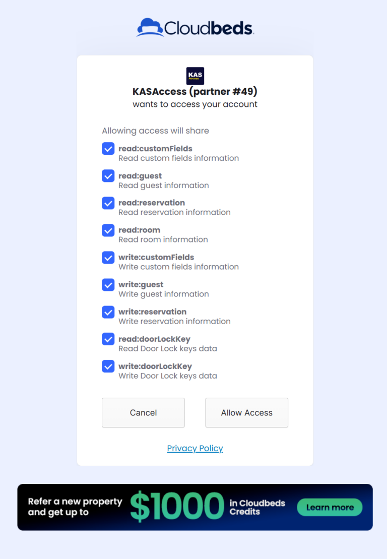 Cloudbeds – KASAccess Integration Instructions – KAS Keyless Access Security – Electronic Access ...